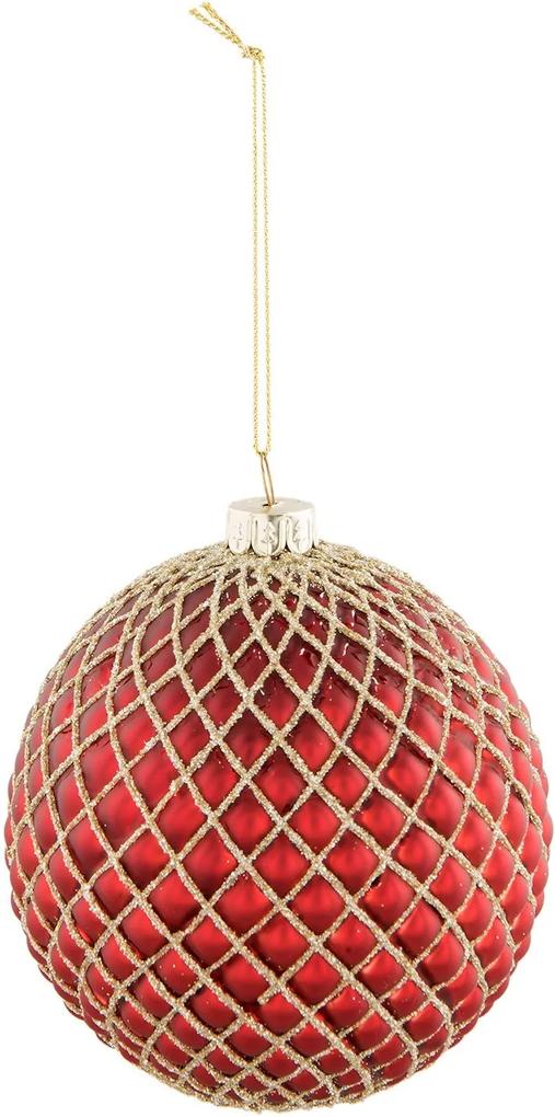Červená vánoční koule s třpytivou zlatou linkou  - ø 9*11 cm