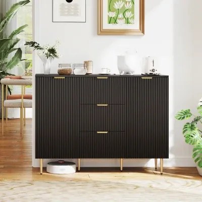 HOMCOM sideboard kuchyňský nábytek s 3 zásuvkami, nastavitelnými vloženými policemi, skříňky s žlábkovými dveřmi, 120 x 40 x 90 cm, černá
