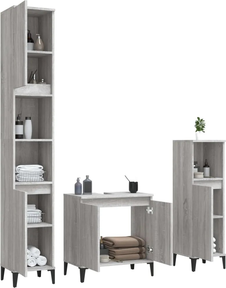 3dílný set koupelnového nábytku šedý sonoma kompozitní dřevo 3185595