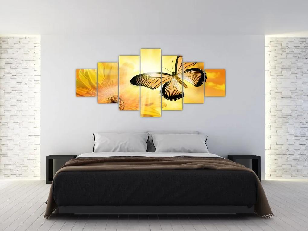 Obraz - Žlutý motýl s květem (210x100 cm)