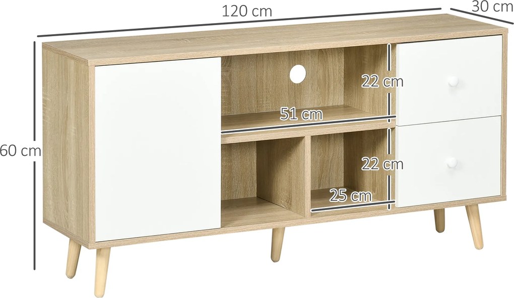 HOMCOM Televizní stolek pro televize do 114 cm se solidními nohami ve skandinávském stylu, 3 police, 1 skříňka se dveřmi a 2 šuplíky 120 x 30 x 60 cm