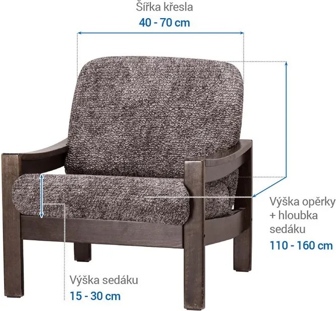 Bielastické potahy MARMO hnědé křeslo s dřevěnými rukojeťmi (š. 40 - 70 cm)