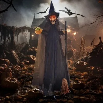 HOMCOM halloweenská dekorace Čarodějnice s koštětem, svítící oči, strašidelné zvuky, ohebné paže, 107x65x190 cm