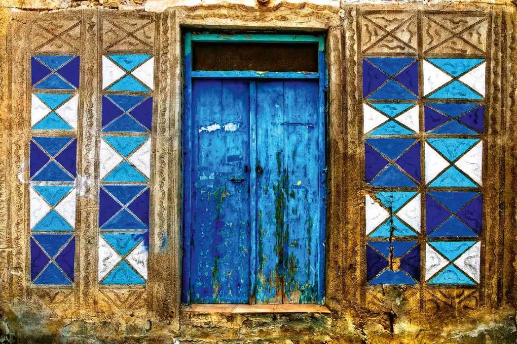 DIMEX | Samolepicí vliesová fototapeta na zeď Rustikální dveře MA-5-0783 | 375 x 250 cm | modrá, bílá, hnědá