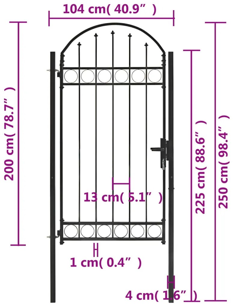 vidaXL Marketos Plotová brána ASSEN s klenutým vrškem ocelová 102 x 200 cm černá