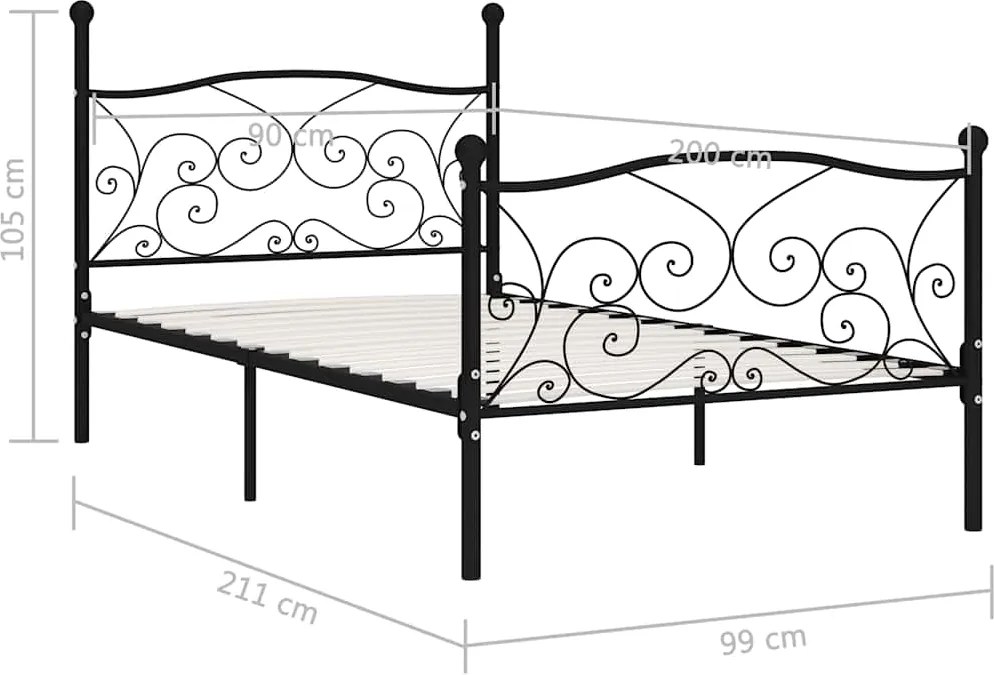 Rám postele s laťkovým roštem černý kov 90 x 200 cm 284454