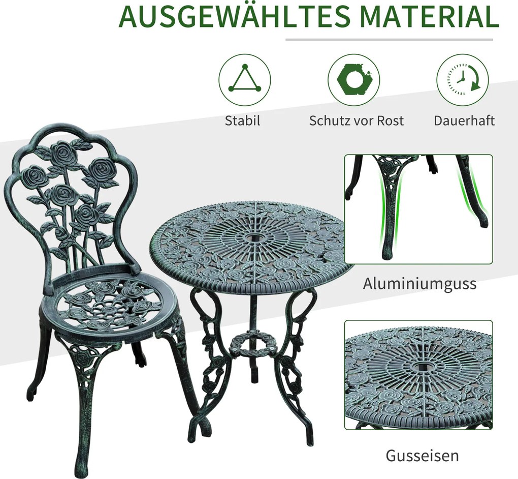 Outsunny bistro set 3-dílný zahradní set starožitně zelený litý hliníkový zahradní nábytek na balkon a terasu