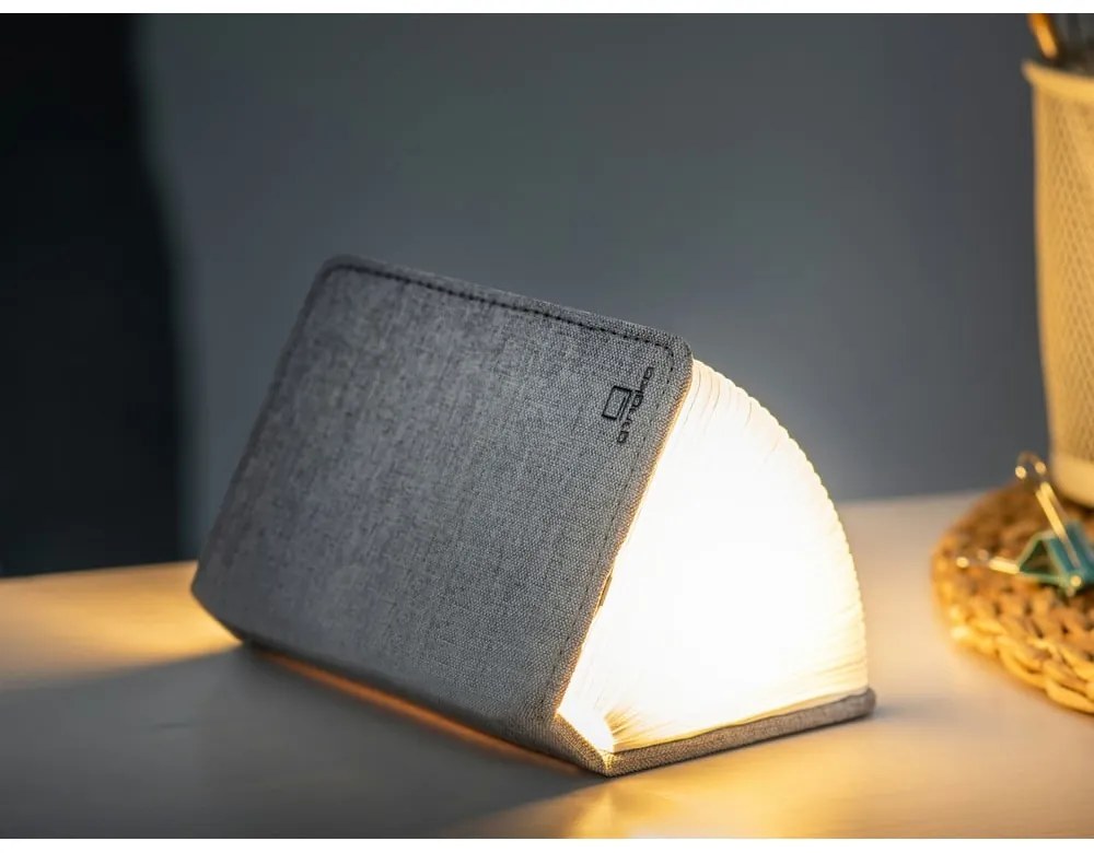 Šedá malá LED stolní lampa ve tvaru knihy Gingko Booklight