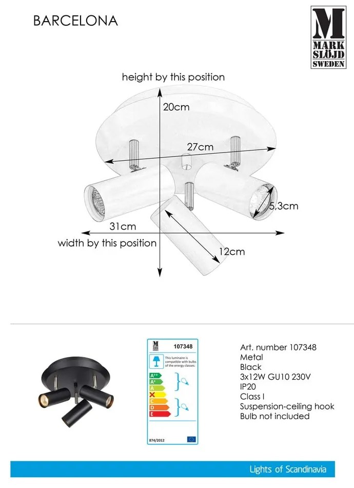 Černé nástěnné svítidlo Markslöjd Barcelona Tres