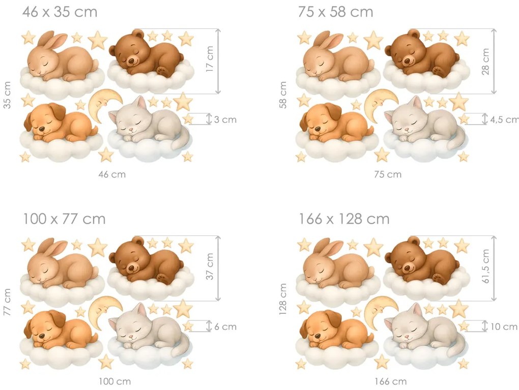Zvířátka na obláčcích samolepky na zeď arch 45 x 35 cm