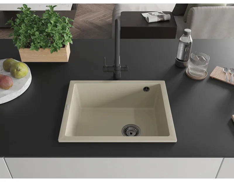 Mexen Pedro, granitový dřez 560x460x200 mm, 1-komorový, béžová s černým sifonem, 6508561000-69-B