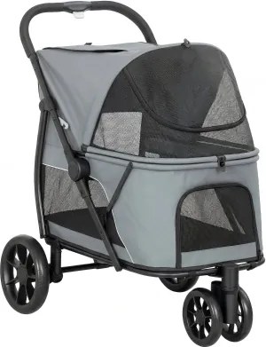 PawHut skládací dětský kočárek pro psy se 3 koly, síťové okno, pratelný polštářek, terénní, nosnost 20 kg, 92x63x95 cm, šedá
