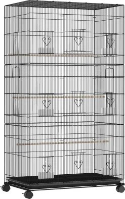 PawHut velká klec pro ptáky na kolečkách, 6 krmítek, vysouvací miska, několik dvířek, 3 bidýlky, 77x46,5x141 cm, černá