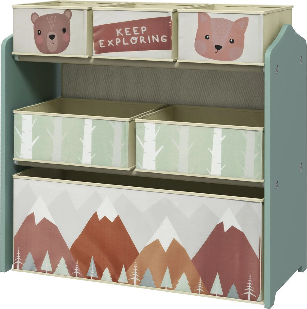 ZONEKIZ dětský regál na hračky se 6 vyjímatelnými boxy z netkané textilie, regál do dětského pokoje, do školky, 63 x 30 x 66 cm, zelený