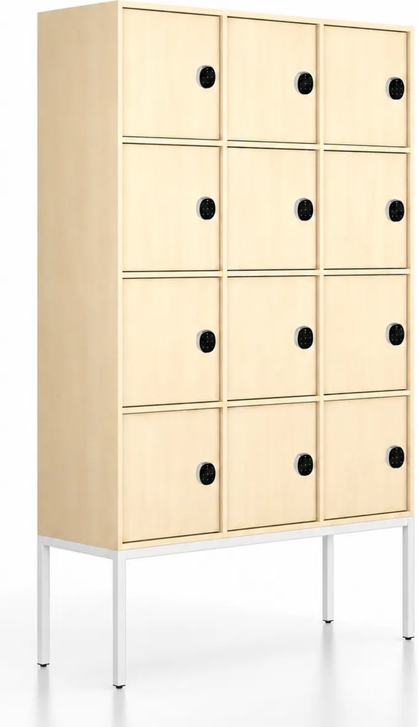 Kancelářská skříň FRAME, bílá podnož, 12x dveře, 1299 x 450 x 2185 mm, kódový zámek, bříza