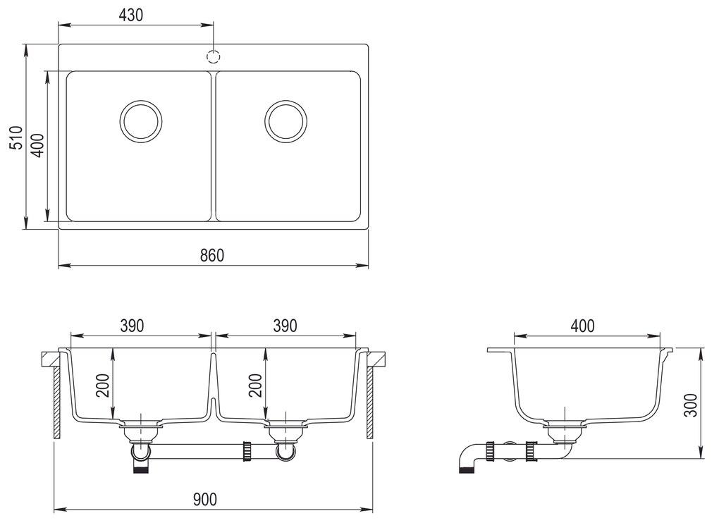 Victory granitový dřez W-DB860 86 x 51 cm dvojitý Barva: černá