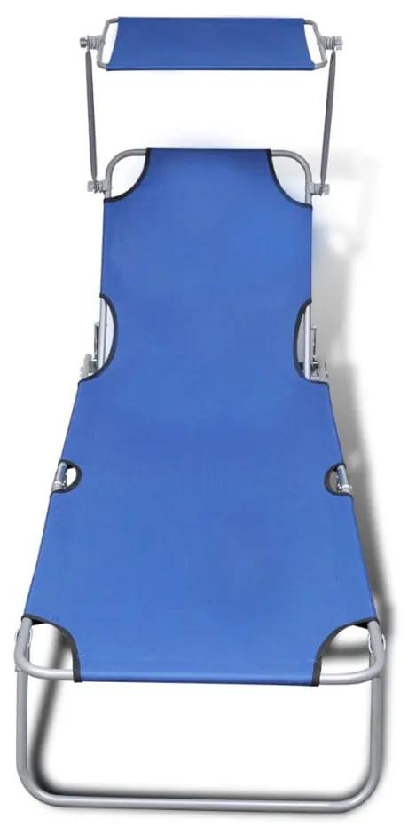 vidaXL Skládací opalovací lehátko se stříškou ocel a textil modré