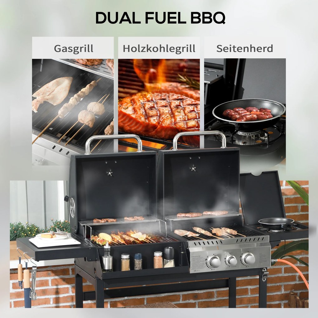 Outsunny plynový grilovací vozík 2+1 hořák s teploměrem 3kW BBQ gril na dřevěné uhlí s odkládací plochou Boční odkládací plocha Háček pro kempování Č…