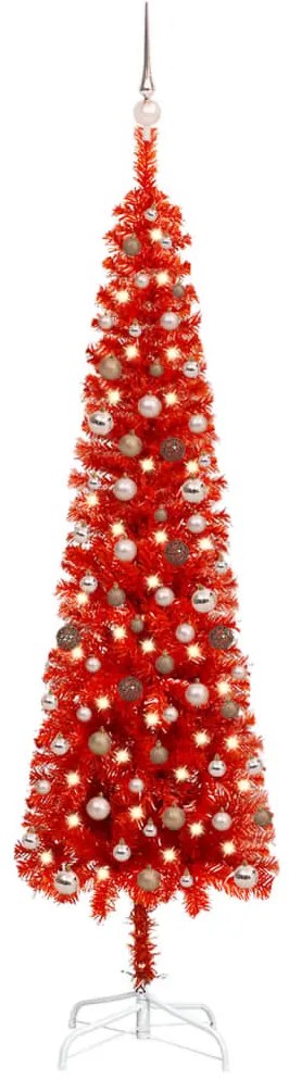 3078084 vidaXL Úzký vánoční stromek s LED diodami a sadou koulí červený 240 cm