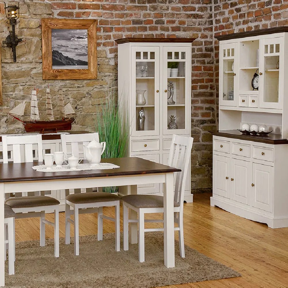 Massive home | Belluno Elegante velká bílá vitrína 2D z masivu s ořechovou deskou