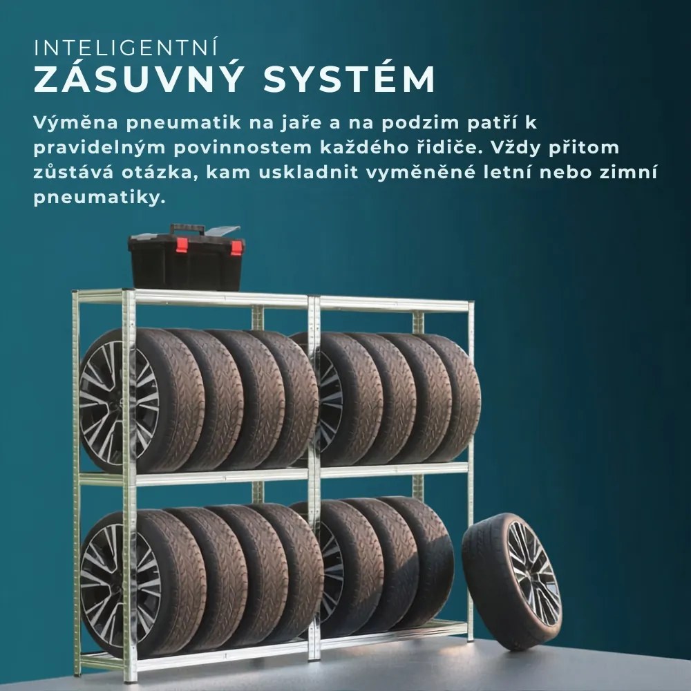 Regál na pneumatiky TYRE, 120x40x180cm, max. 795kg, stříbrná/světle hnědá Jurhan