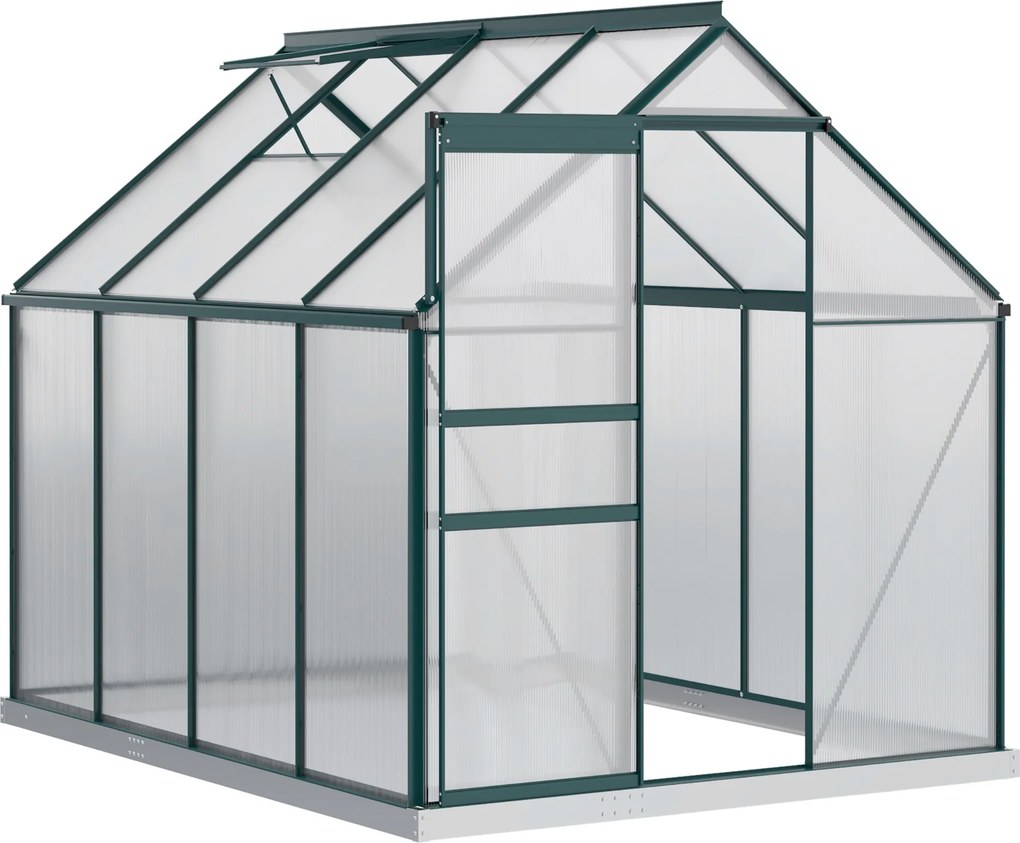 Zahradní skleník Outsunny z polykarbonátu 190x253x199cm, s otevíracími okny a posuvnými dveřmi, hliníková konstrukce, zelený | Aosom