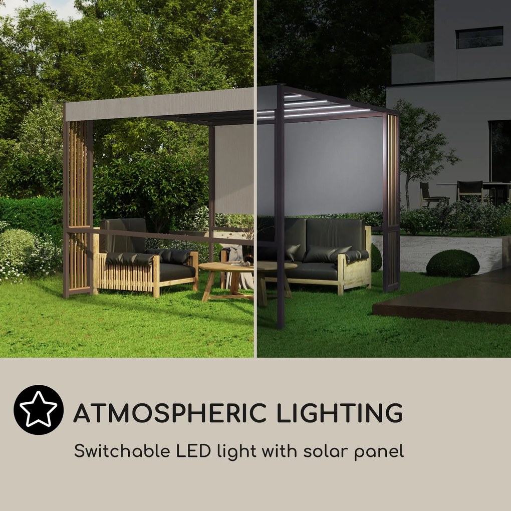 Blumfeldt Valenta, altán, 3 x 3 m, UV50+, vodoodpudivá, solární LED osvětlení, solární panel