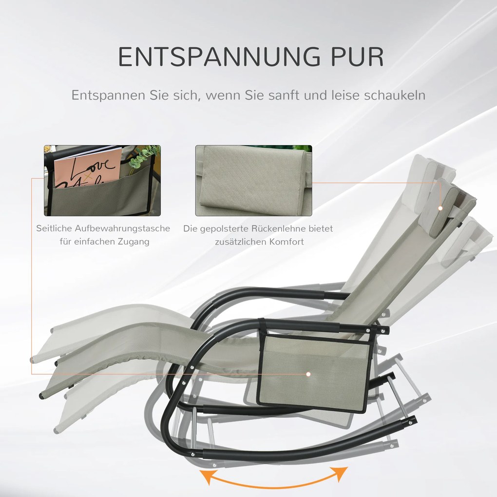 Ergonomické houpací křeslo Outsunny - odnímatelný polštářek, opěrky na ruce, úložný pocket - světle šedý kovový epoxidový textilene