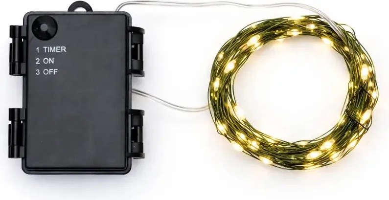 LED světýlka na baterie, kapičky, 5,3 m, teple bílá, 50 diod, zelený drátek, IP44, venkovní, 3 × AA
