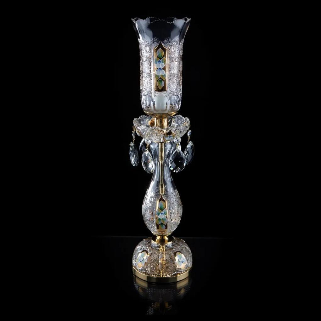 Luxusní stolní lampa s broušenou skleněnou vázou PK500 zdobená 24K zlatem a květy z vysokého smaltu