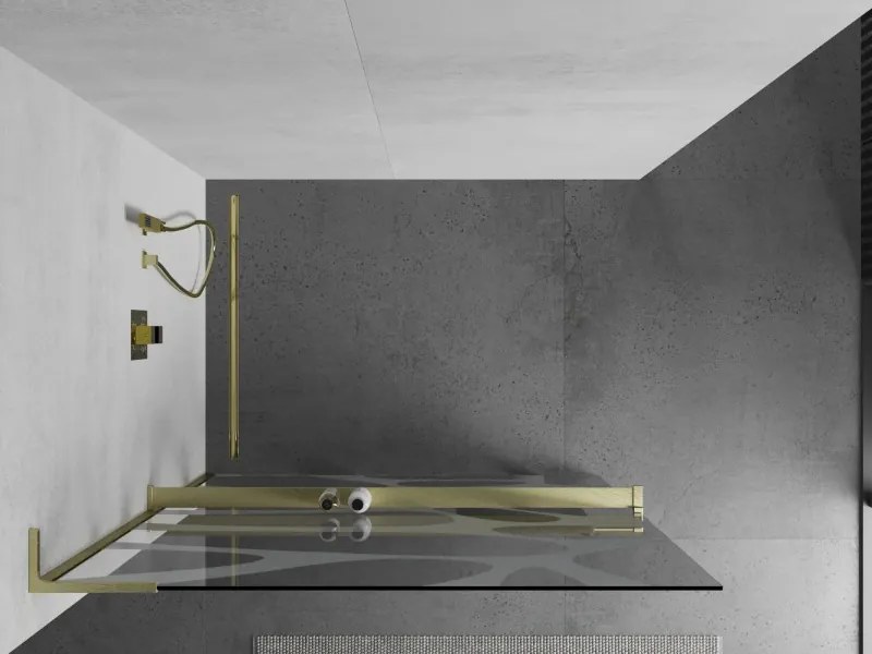 Mexen Kioto+ L, sprchová zástěna Walk-In s poličkou a věšákem 100 x 200 cm, 8mm čiré sklo bílý vzor, ​​zlatý matný profil, 800-100-123-55-97