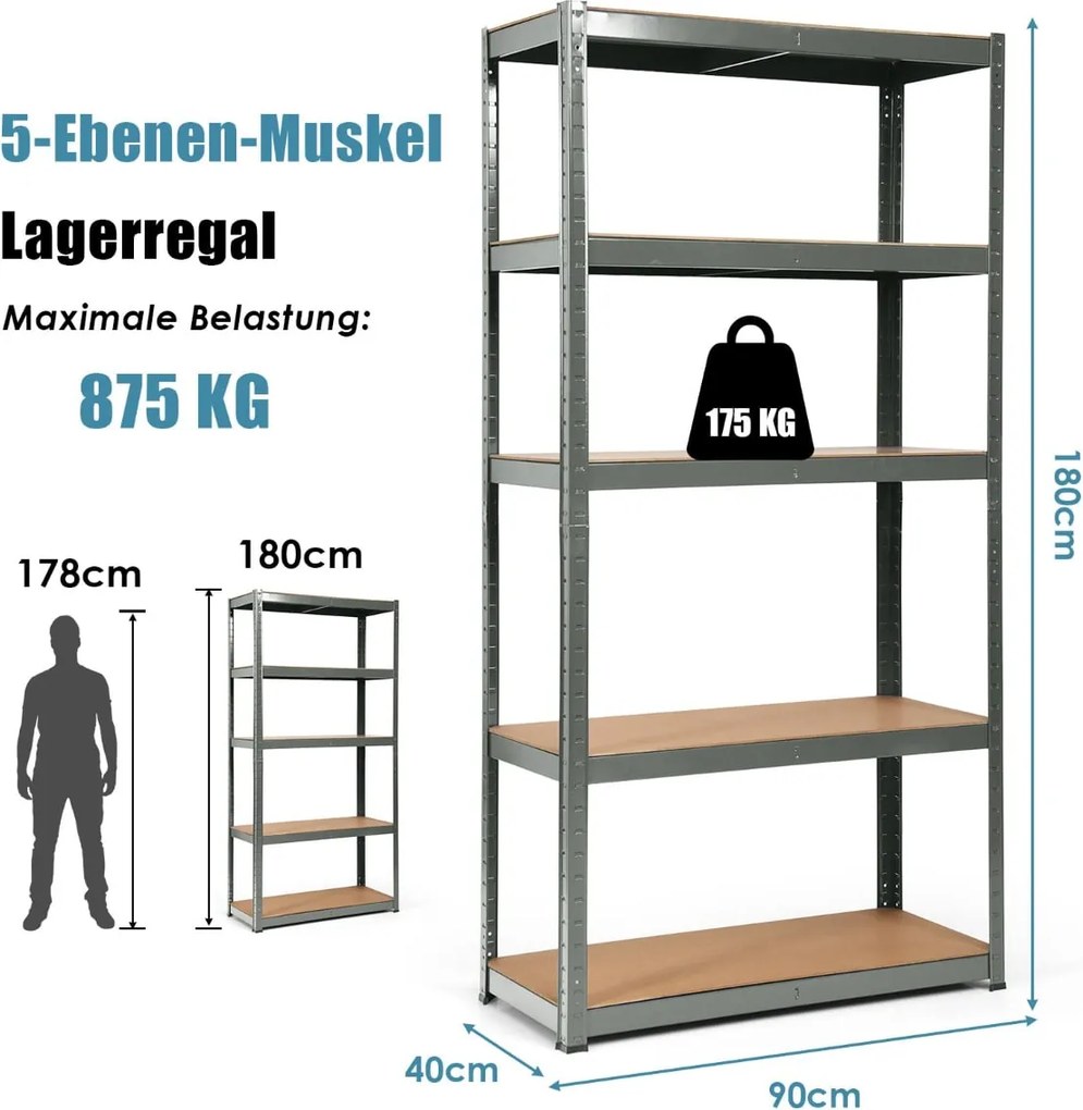 Costway Úložný regál 5 vrstev, prostorově pro velké zatížení, šedá