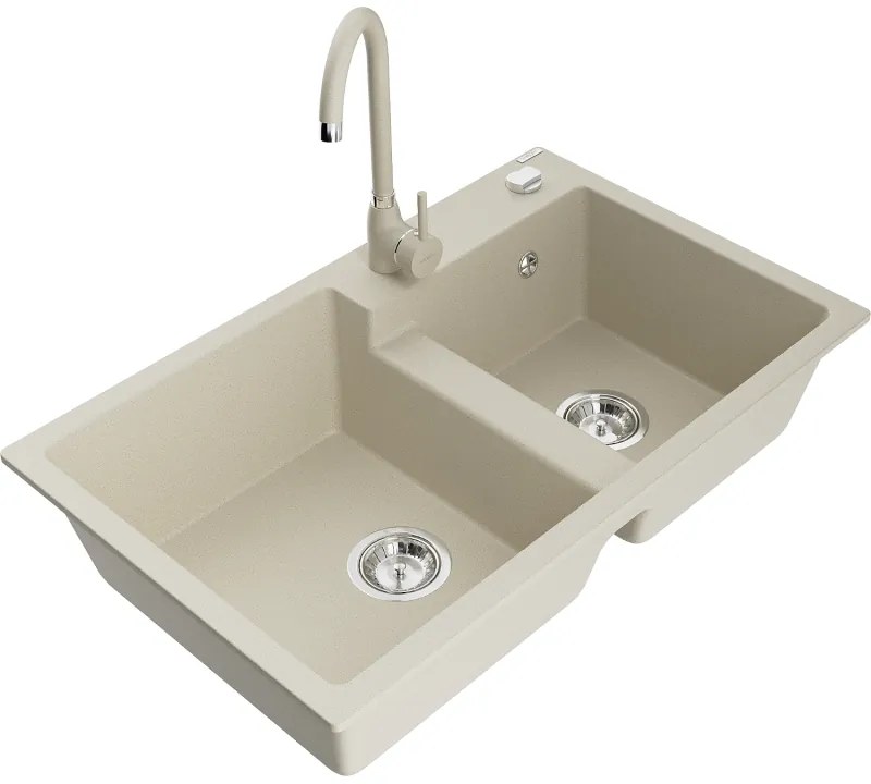 Mexen Tomas, granitový dřez 800x500x190 mm, 2-komorový a béžová baterie Telma, béžová, 6516-69-670200-69