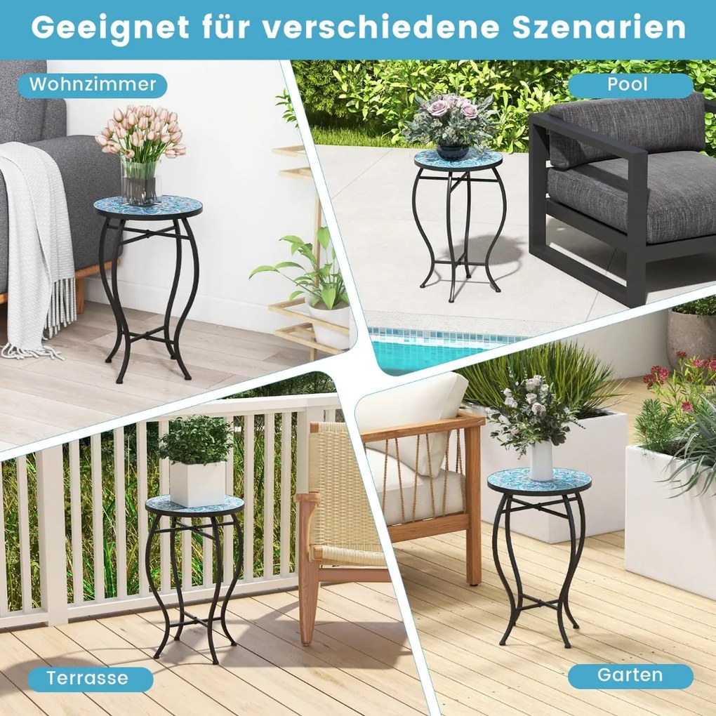 Costway Odkládací stolek kulatý mozaikový bistro modrá a – 35 × 55 cm