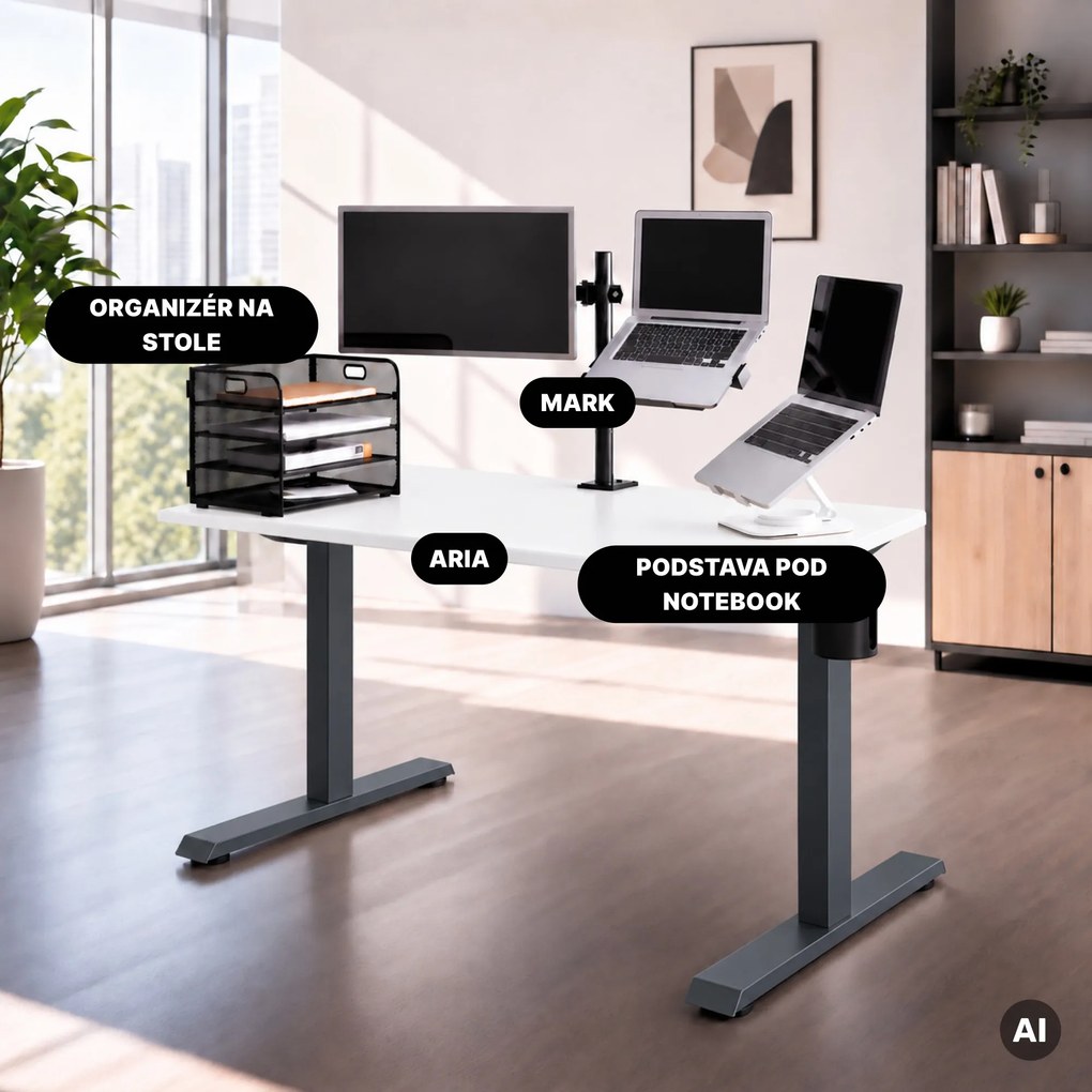 Elektrický stůl s nastavením výšky ergonomický antracitově-bílý, 1200x600 mm: ARIA