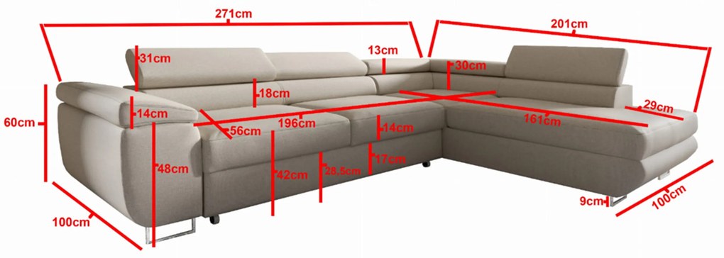 Rohová rozkládací sedací souprava do L IKARUS, 271 cm, s úložným prostorem Roh pohovky: Levý, Barva látky: Světle šedá (Monolith 84)