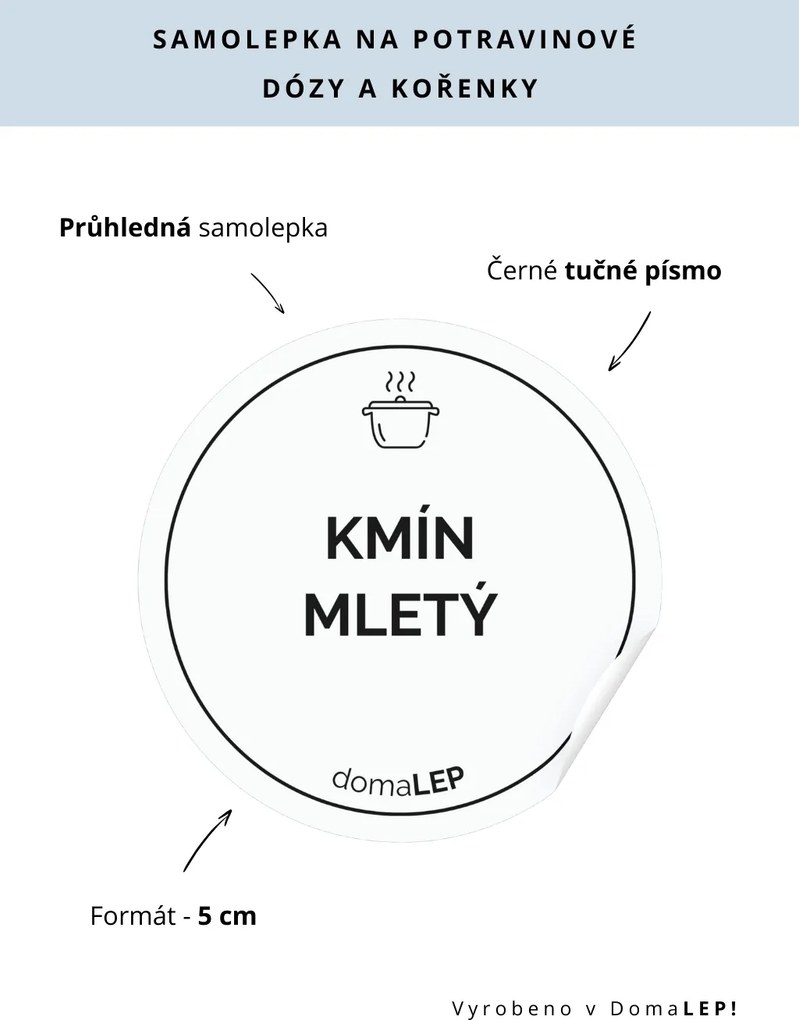 Samolepka na kořenky KMÍN MLETÝ průhledná 5 cm tučné písmo