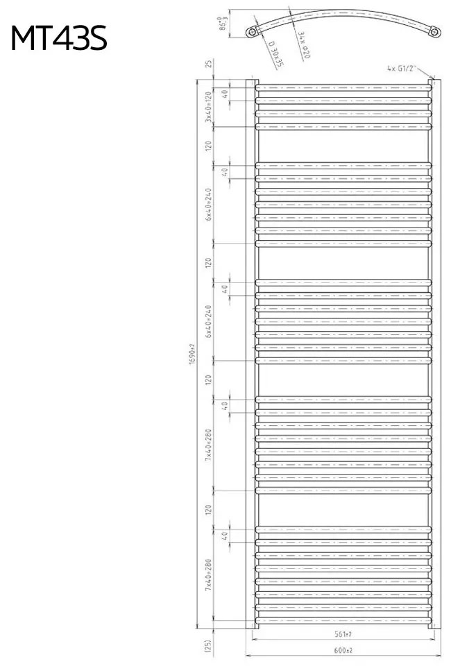 Mereo otopný žebřík oblý 600x1690 mm středové připojení bílý MT43S