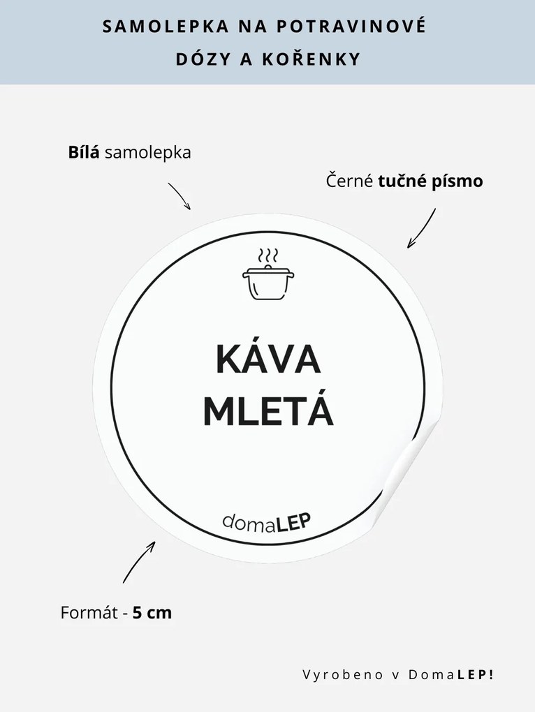 KÁVA INSTANTNÍ – bílá samolepka na dózu, tučné písmo, 5 cm | DomaLEP