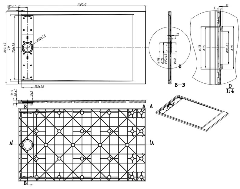 BPS-koupelny Obdélníková akrylátová sprchová vanička HYD-OSV-DEKO 140x80 šedá