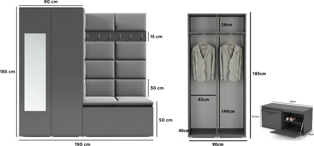 Předsíňová stěna Trinity 8 s čalouněnými panely, 190 cm, grafit/ tmavě šedá