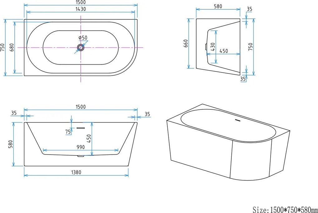 Erga Zara, rohová volně stojící vana 150x75 cm + odtoková zátka, levá, bílá lesklá, ERG-Zara-150075L-WH-WH