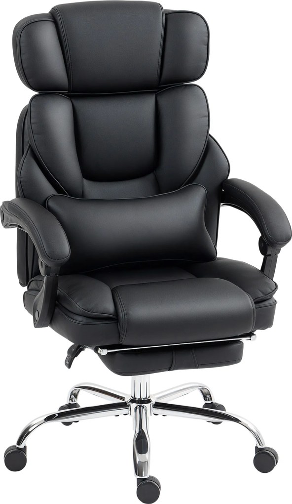 HOMCOM Kancelářská židle ergonomická, výškově nastavitelná, otočná s opěrkou bederní páteře, opěrkami rukou, opěrkou nohou, PU kůže, černá