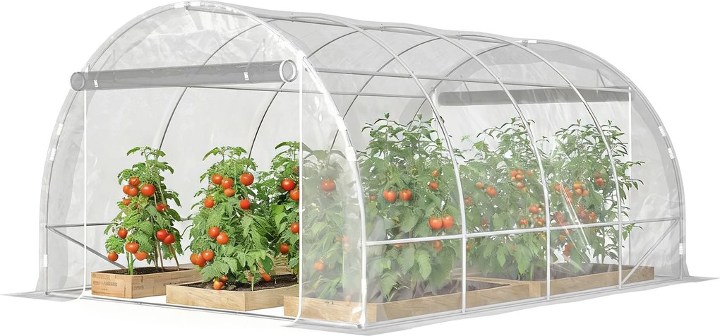 Outsunny tunelový zahradní skleník 3×4×2 m se 2 rolovacími dveřmi — ocelový rám, UV-odolná PE plachta, 4 diagonální výztuhy, průhledný | Aosom