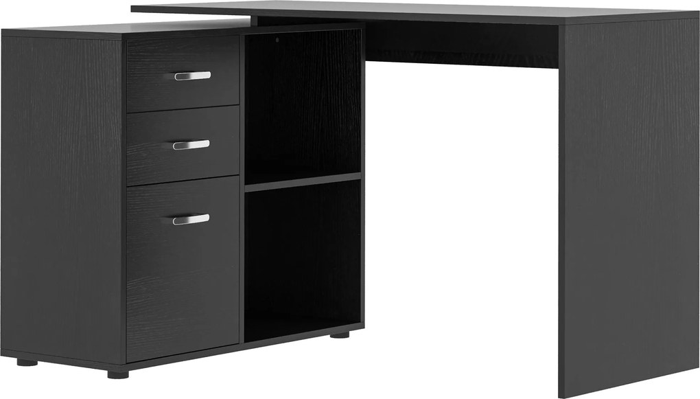 HOMCOM Rohový stůl pro PC se 2 šuplíky a otevřenými policemi, L-tvarovaný stůl z dřeva a kovu, 117x83,5x76 cm, Černý | Aosom