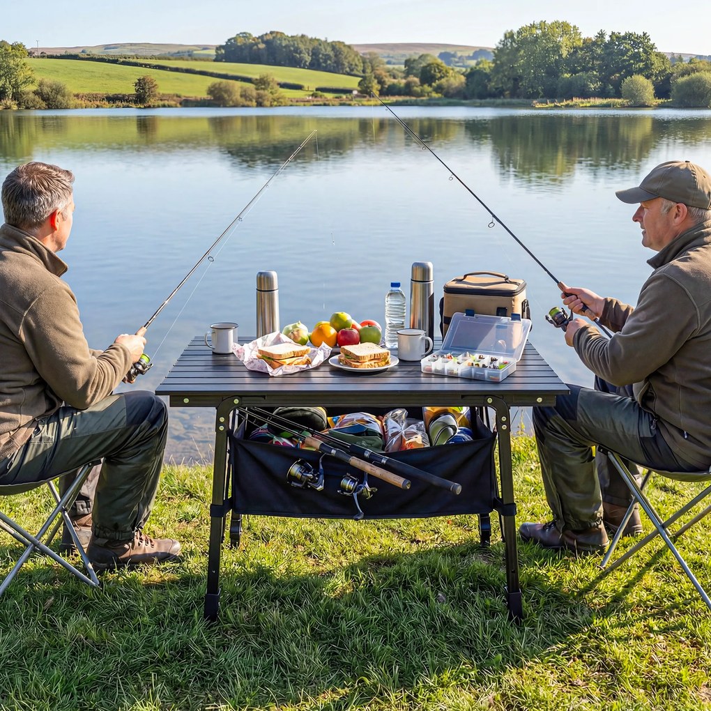 Kempingový stolek s úložným košem, výškově nastavitelný, skládací, hliník, černý