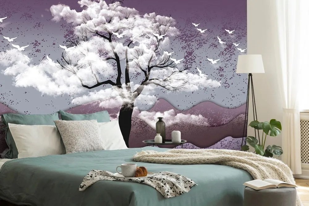 Samolepící tapeta strom zalitý oblaky - 150x100 cm