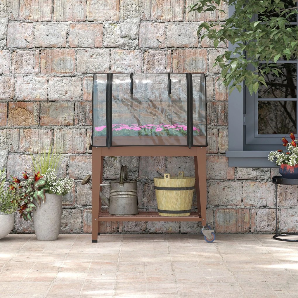 Zvýšený zahradní záhon Outsunny s koly 80x40x120 cm s krytem skleníku a dolní policí pro pěstování rostlin, květin a zeleniny Hnědá