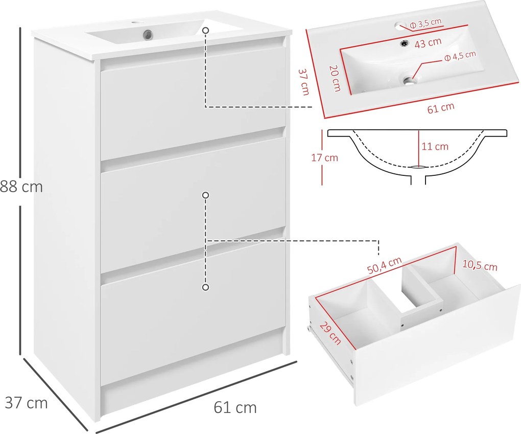 Kleankin koupelnová skříňka s umyvadlem - Umývací skříňka se syntetickým keramickým umyvadlem a 2 zásuvkami 61x37x88 cm Světlá bílá