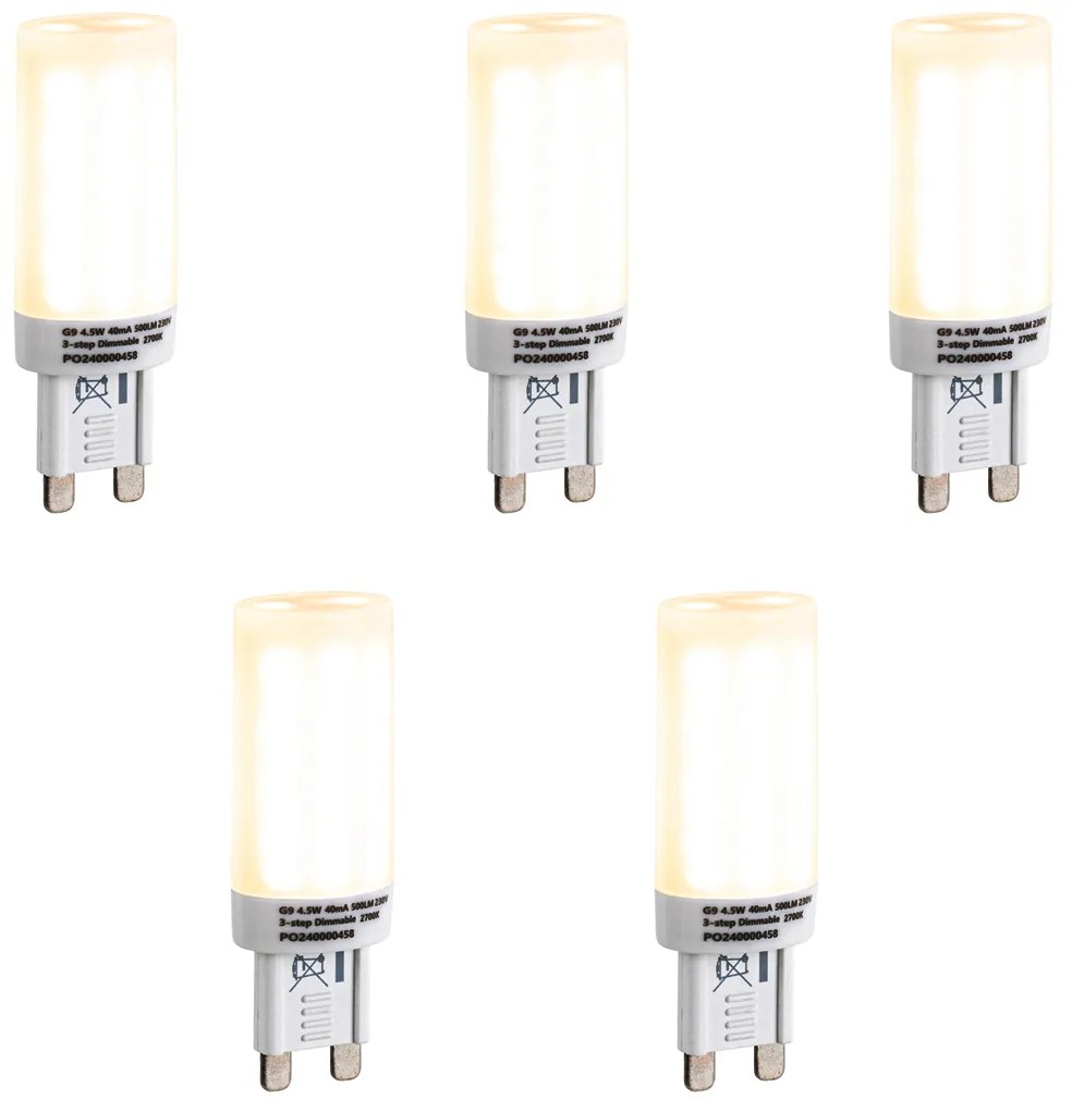 Sada 5 opálových 3-stupňově stmívatelných LED žárovek G9 4,5W 500 lm 2700K